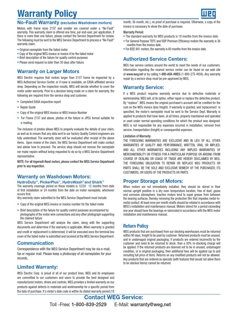 WEG 00 2017 Standard Stock Catalog Notes Warranty Policy Certifications ...