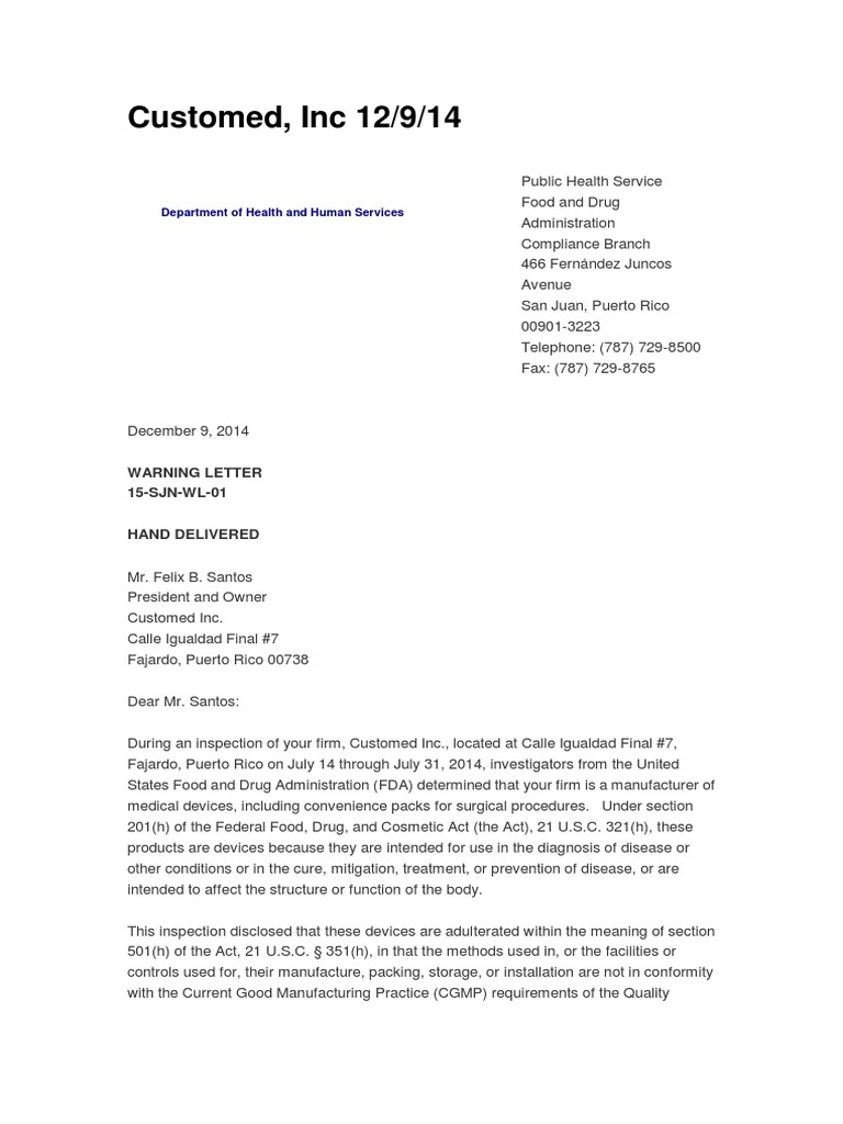 Customed, Inc 12/9/14: Warning Letter 15-SJN-WL-01 | PDF | Federal Food ...
