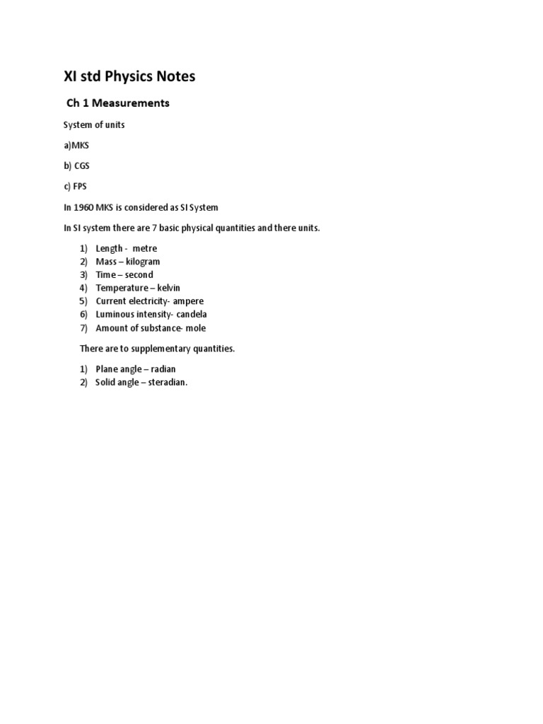 XI STD Physics Notes: CH 1 Measurements | PDF