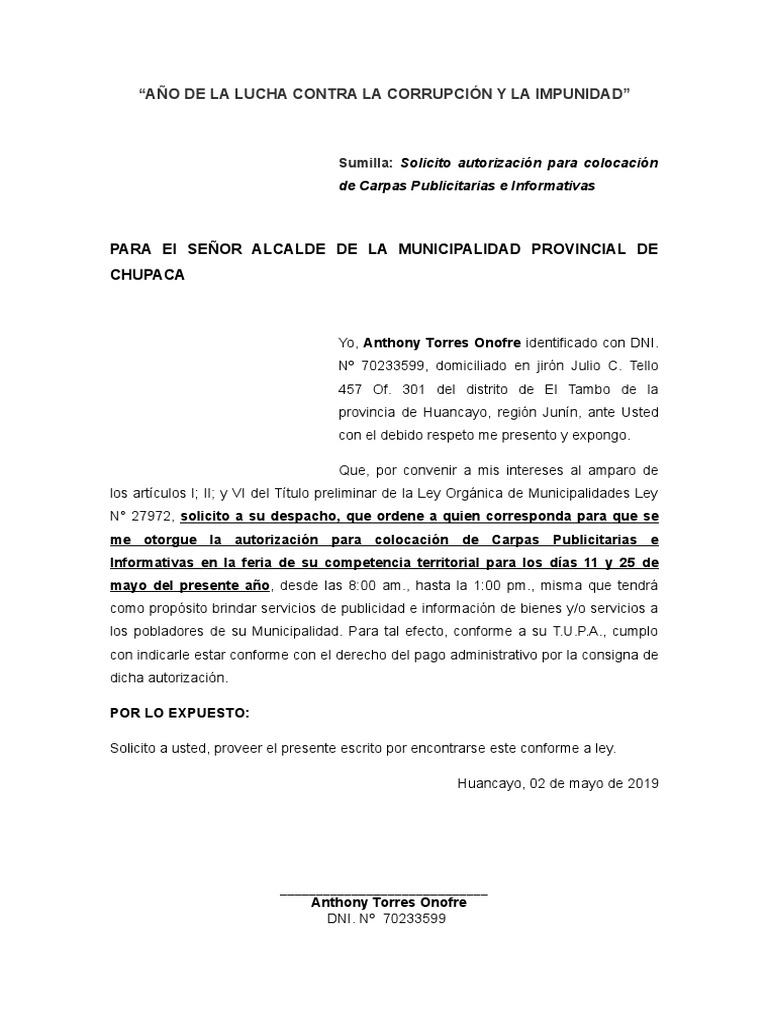 Modelo de Solicitud de Municipalidades | PDF | Información del gobierno | Instituciones sociales