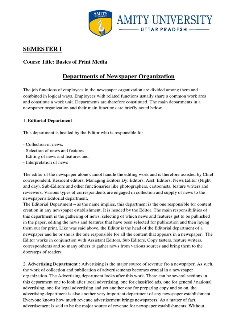 11.departments of Newspaper Organisation | PDF | Newspapers | Copy Editing