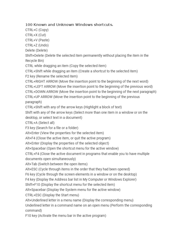 100 Known and Unknown Windows Shortcuts | PDF | Computer Keyboard | Ibm Pc Compatibles