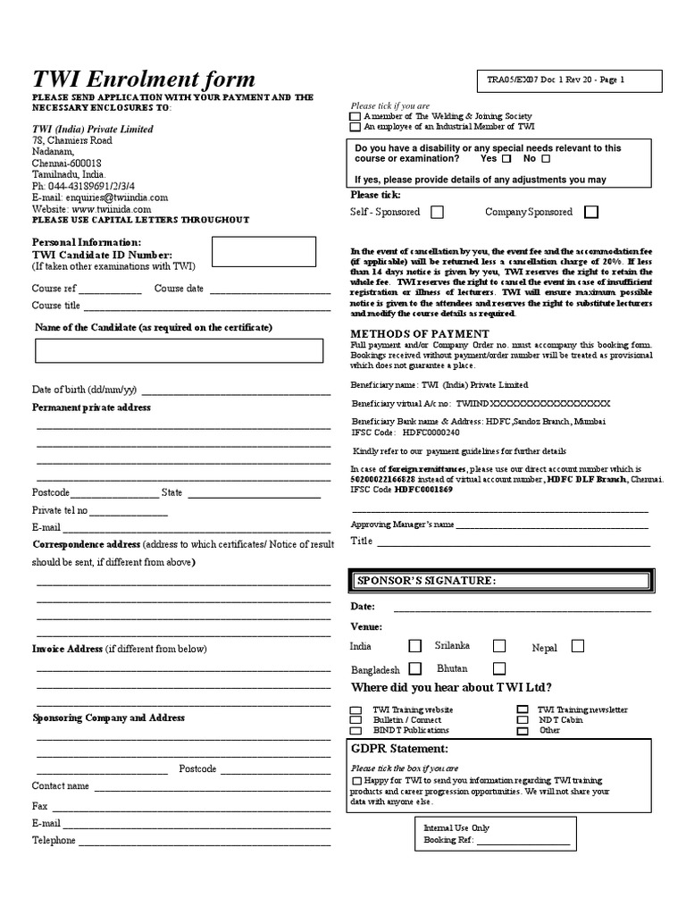 TWI Enrolment Form: Personal Information: TWI Candidate ID Number | PDF ...