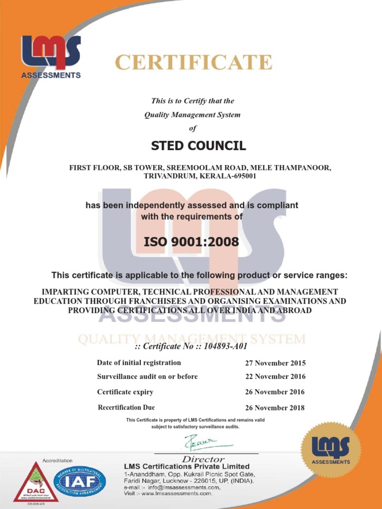 Sted Council: This Is To Certify That The Quality Management System of ...