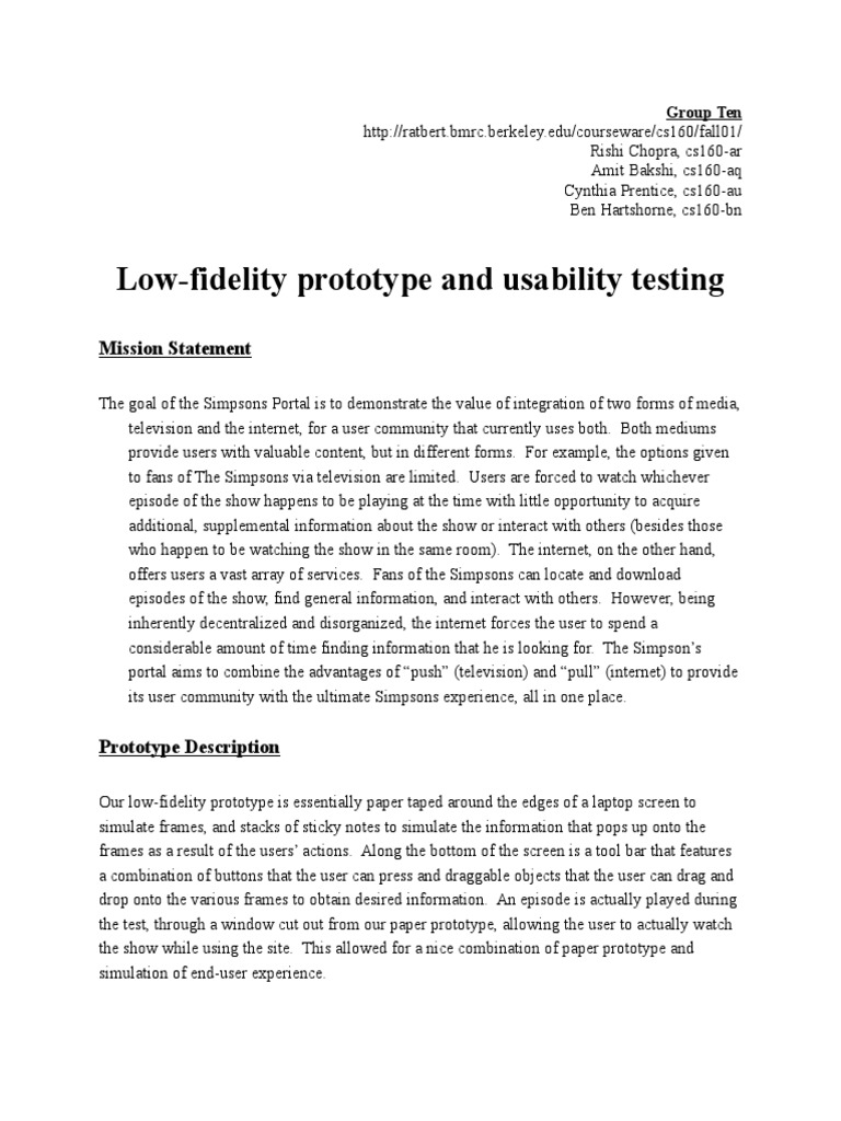 Low-Fidelity Prototype and Usability Testing: Mission Statement | PDF ...