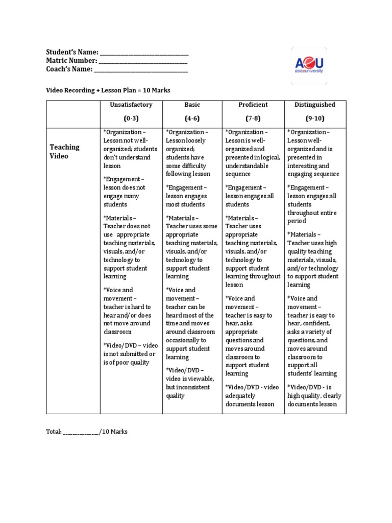 Rubric Video Recording Pdf Classroom Teachers