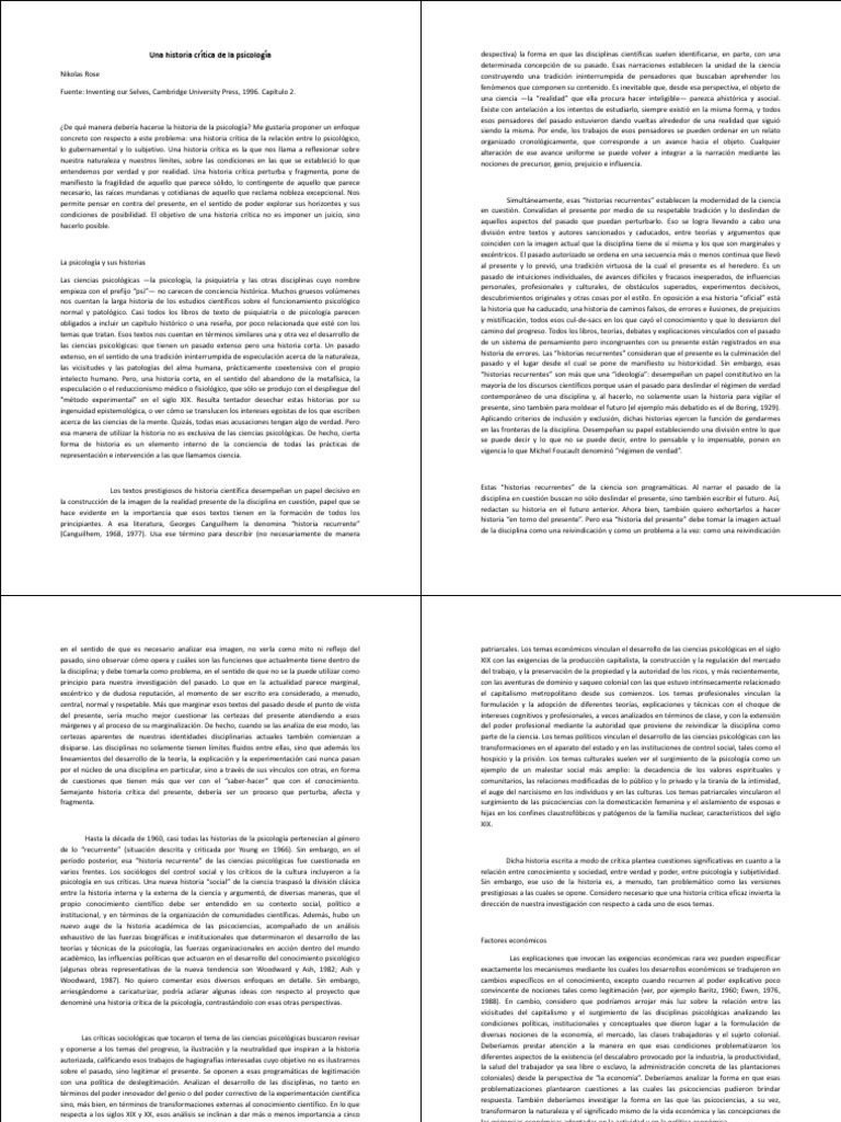 Rose, Nikolas. Una Historia Crítica de La Psicología - Introdducción ...