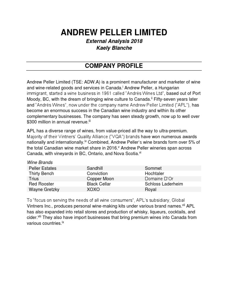 Andrew Peller Limited: Company Profile | PDF | Retail | Wine