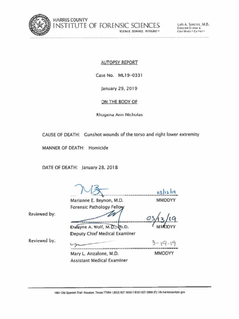 Autopsy Report For Rhogena Nicholas Who Was Shot and Killed in Harding ...