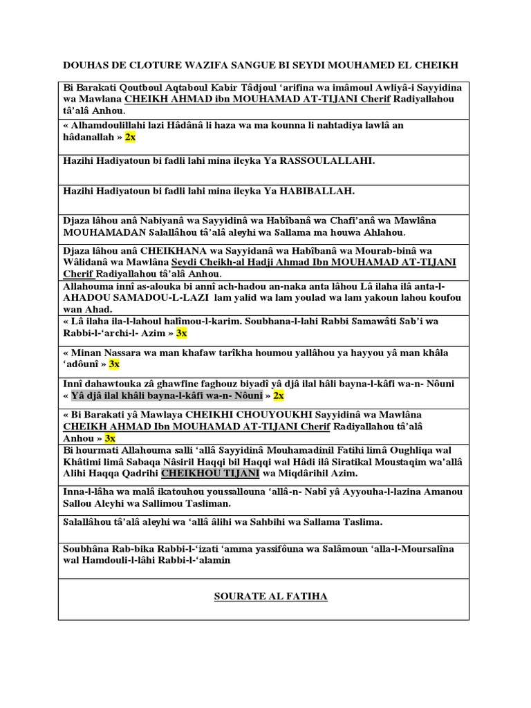 Douhas de Cloture Wazifa Mawlana Seydi Mouhamed El Cheikhh | PDF