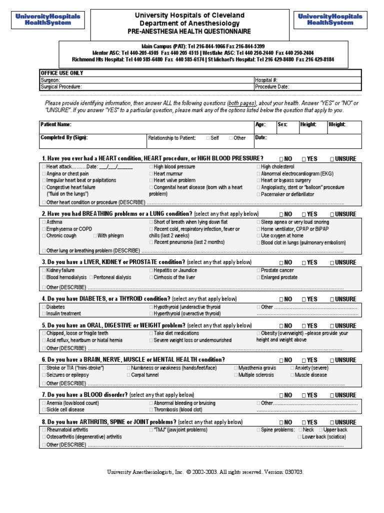 Pre Op Questionnaire PDF | Heart | Chronic Obstructive Pulmonary ...