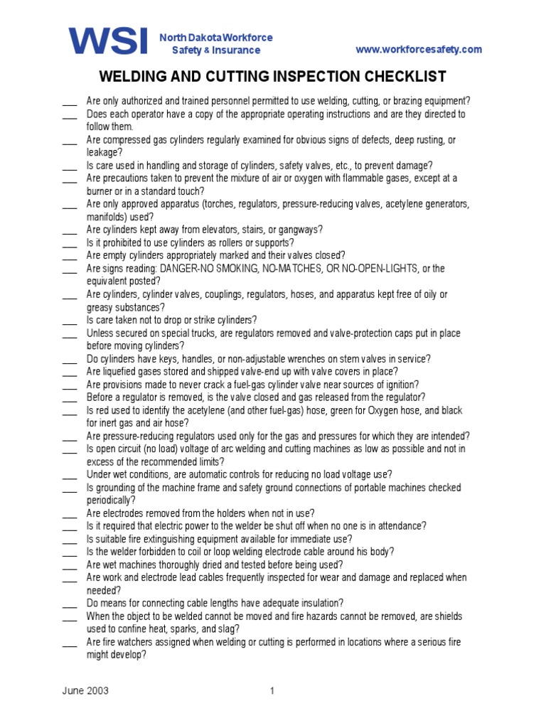 Welding and Cutting Inspection Checklist: Om North Dakota Workforce ...