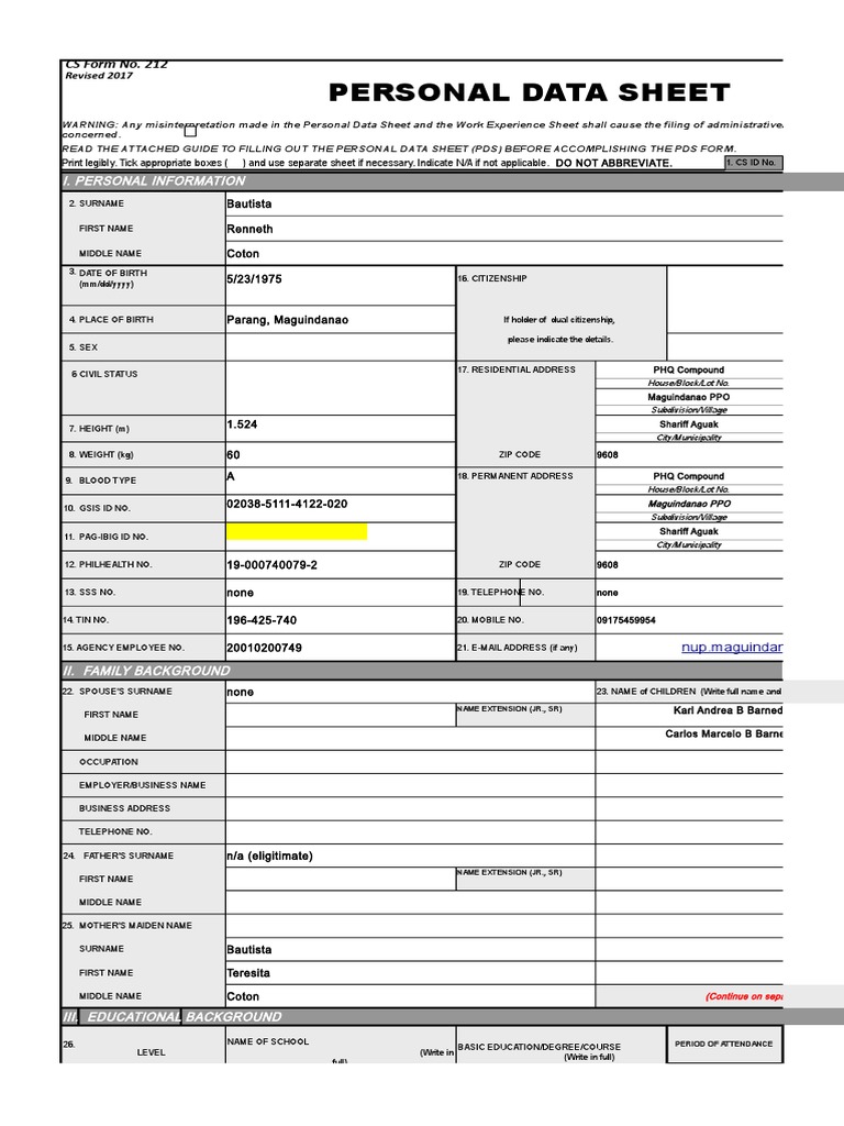 CS Form No. 212 Revised Personal Data Sheet Renneth | Crimes | Crime ...