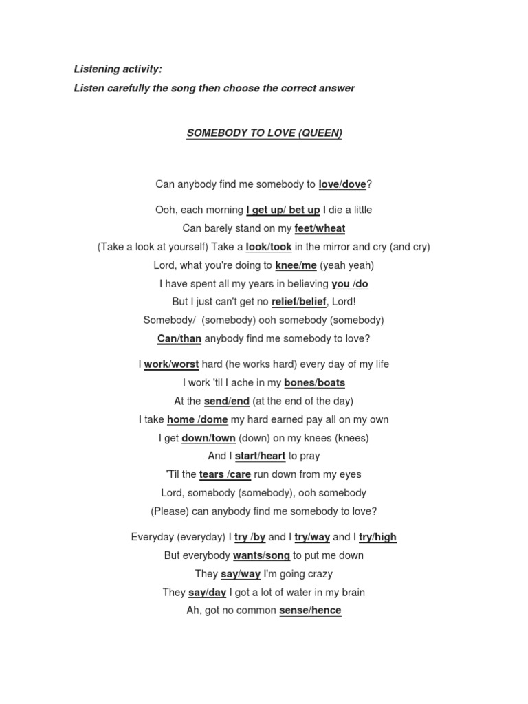 Listening Activity: Listen Carefully The Song Then Choose The Correct ...