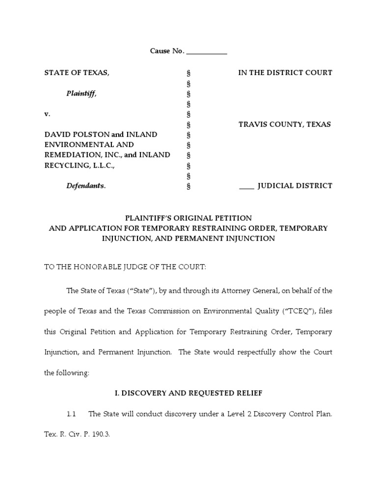 Plaintiff's Original Petition Inland | PDF | Injunction | Municipal ...