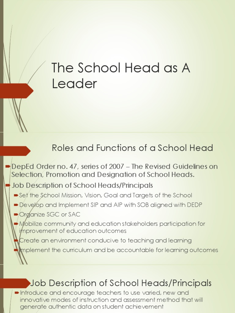 The School Head As A Leader | Download Free PDF | Teachers | Pedagogy
