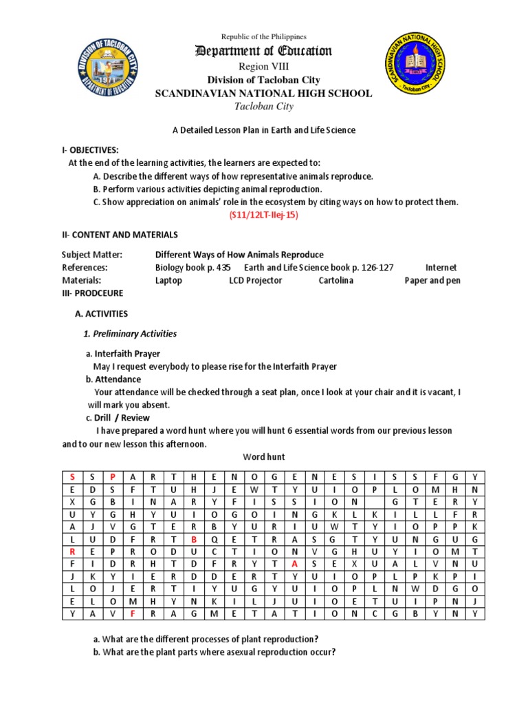 Lesson Plan Earth and Life Science | PDF | Reproduction | Biological ...