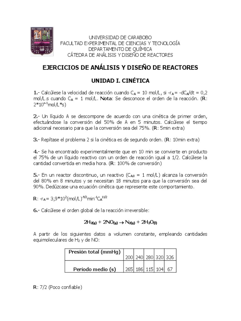 Ejercicios de Análisis y Diseño de Reactores | PDF | Reactor Quimico | Cinética química