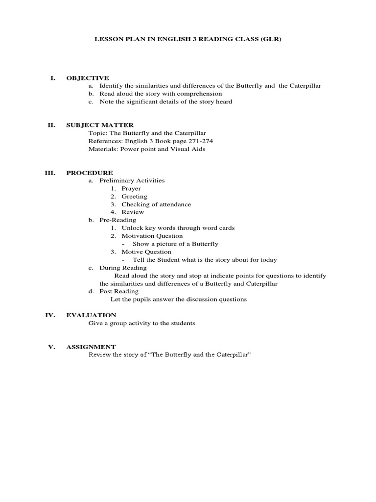 Lesson Plan in English 3 Reading Class (GLR) | PDF