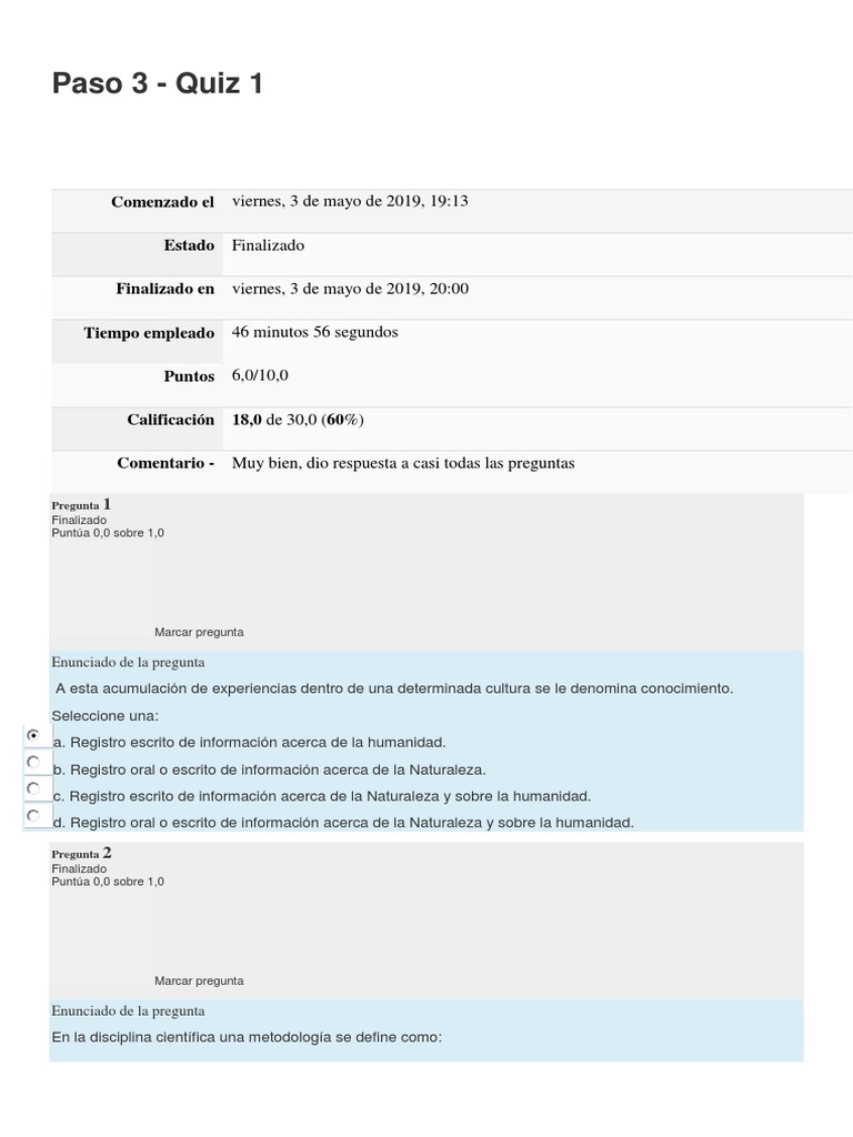 Paso 3 - Quiz 1 | PDF | Conocimiento | Science