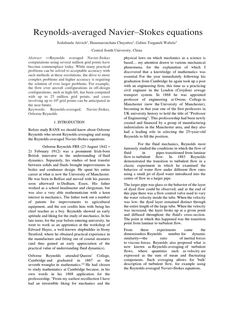 Reynolds-Averaged Navier-Stokes Equations | PDF | Navier–Stokes ...