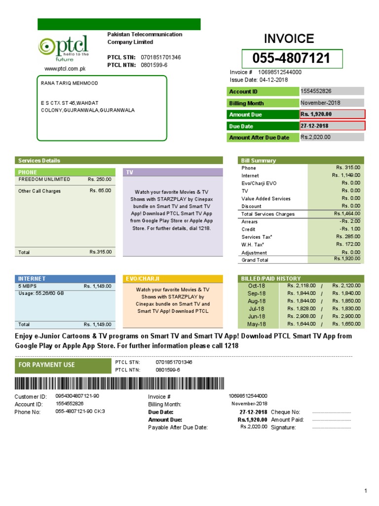 Invoice: PTCL STN: PTCL NTN | PDF | Invoice | Mobile Phones