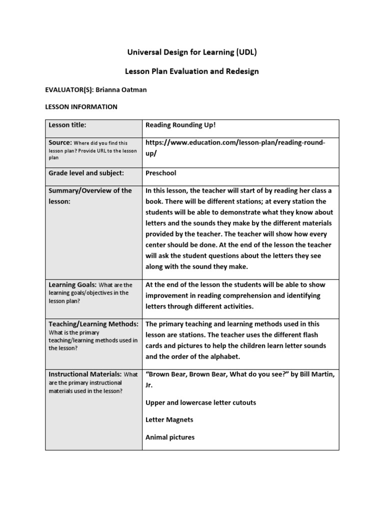 Universal Design For Learning (UDL) Lesson Plan Evaluation and Redesign ...
