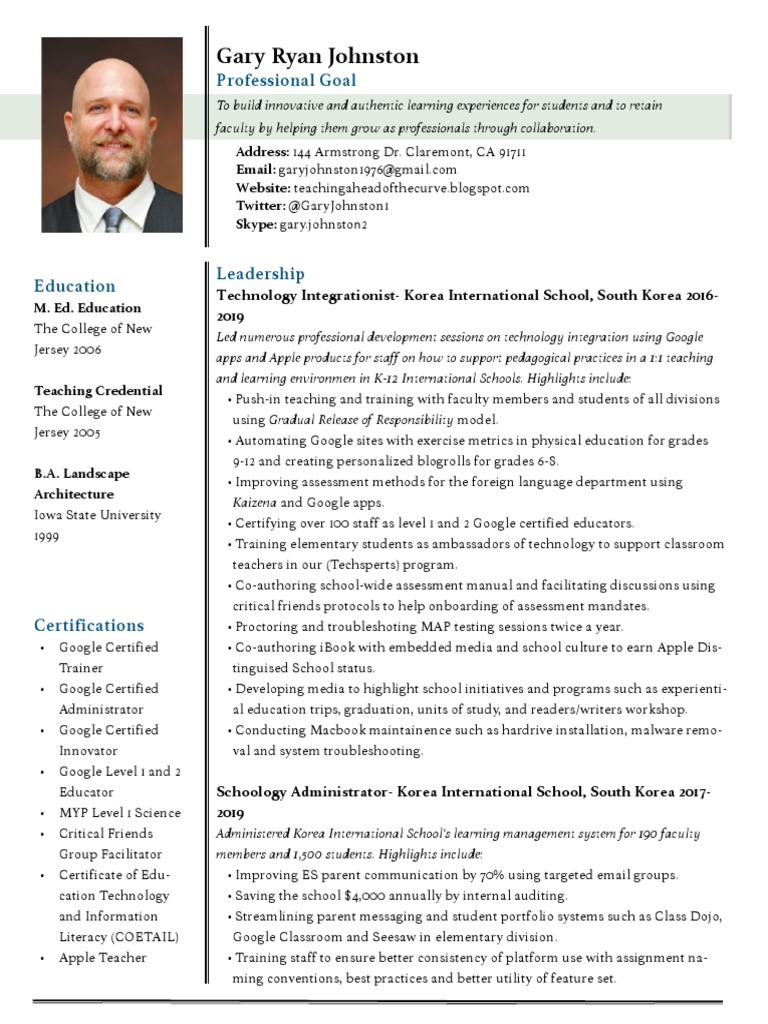 Gary Johnston CV and Cover Letter | PDF | Schools | Teachers