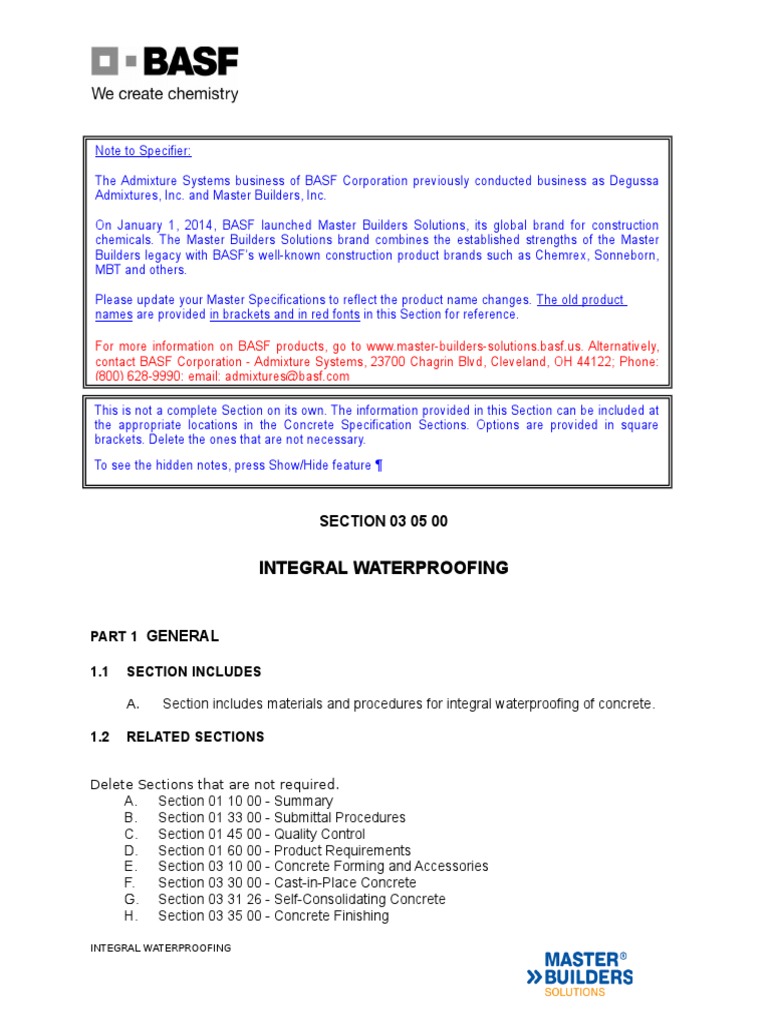 BASF Integral Waterproofing Specifications | PDF | Specification ...
