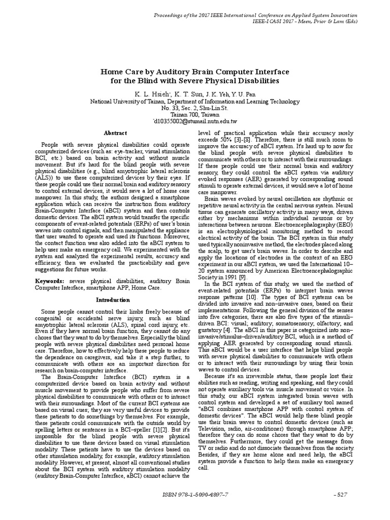Home Care by Auditory Brain Computer Interface For The Blind With Severe Physical Disabilities ...