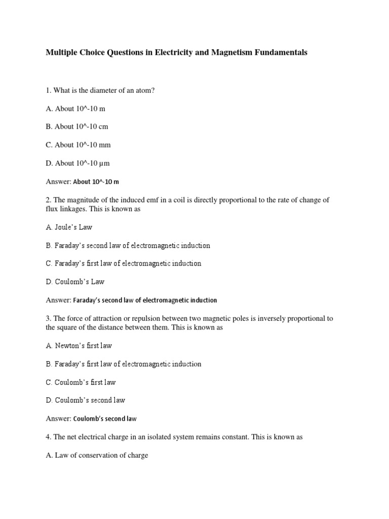 MCQs on Electricity and Magnetism | PDF | Electromagnetic Induction ...