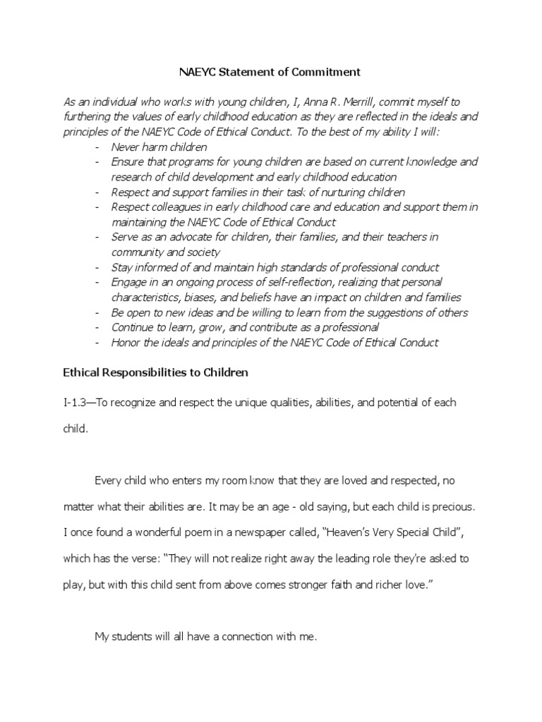 Naeyc Statement of Commitment - Anna Merrill 1 | PDF | Early Childhood ...