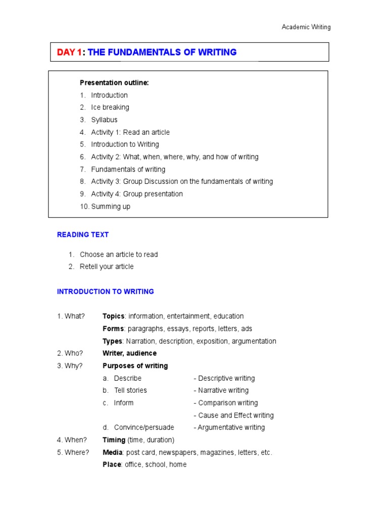 The Fundamentals of Writing: Reading Text | PDF