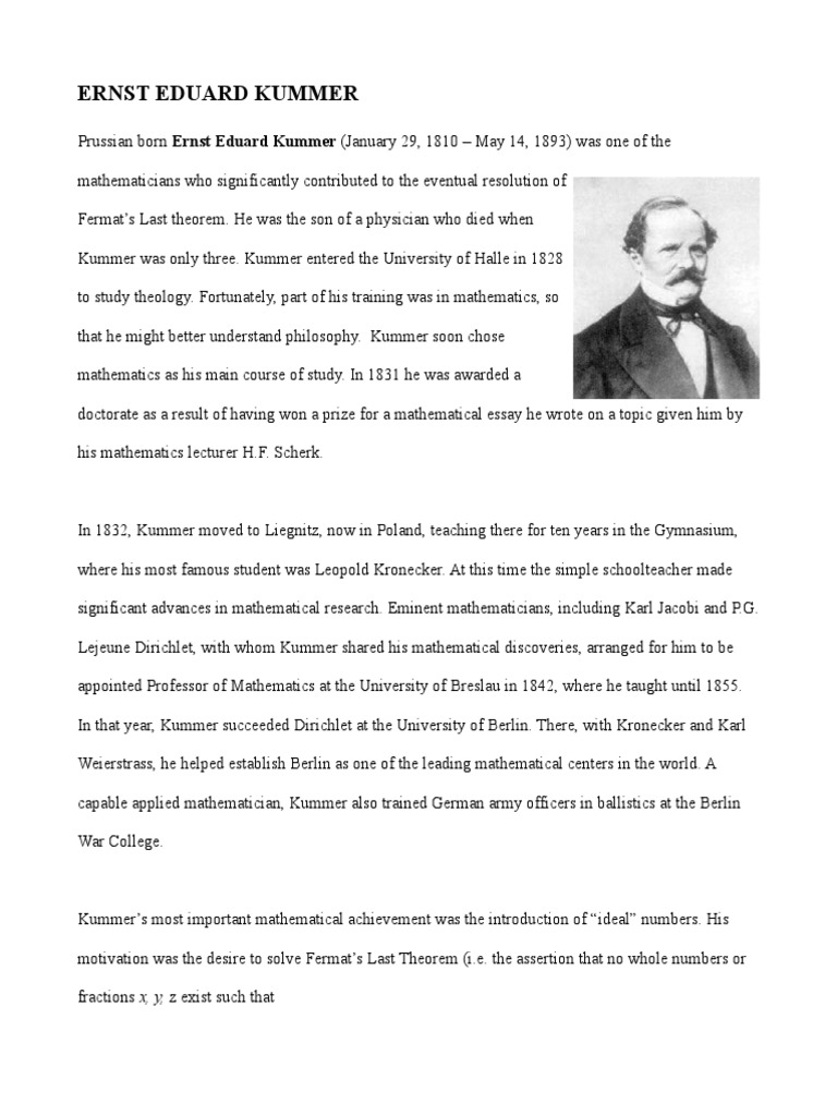 Kummer, Ernst Eduard | PDF | Prime Number | Fermat's Last Theorem