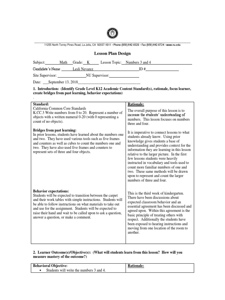 Kindergarten Math Lesson Plan: Numbers 3 & 4 | PDF | Educational ...