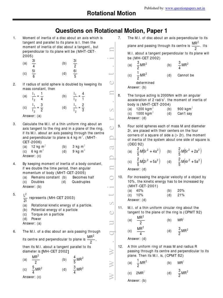 Rotational Motion Paper-1 | PDF | Rotation Around A Fixed Axis | Torque