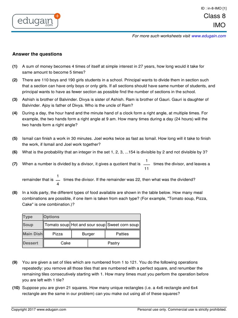 Grade 8 IMO in | PDF | Division (Mathematics) | Elementary Mathematics