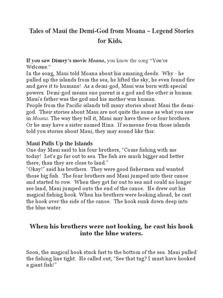Tales of Maui The Demi-God From Moana Legend Stories For Kids. | PDF ...