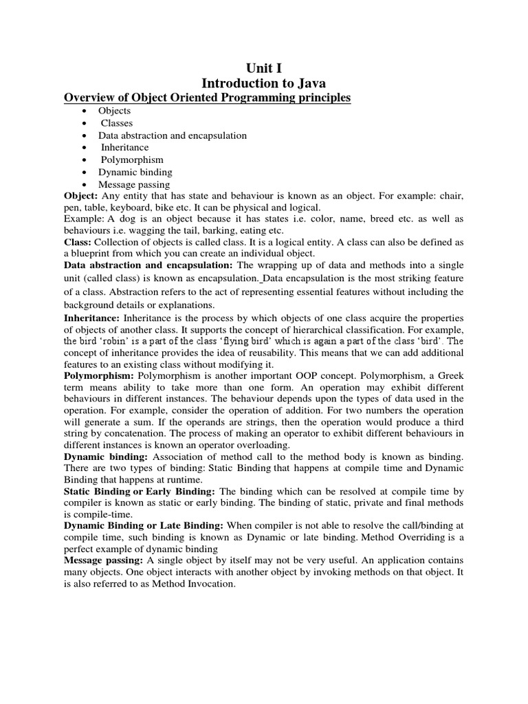 Unit I Introduction To Java Overview Of Object Oriented Programming Principles Pdf Method