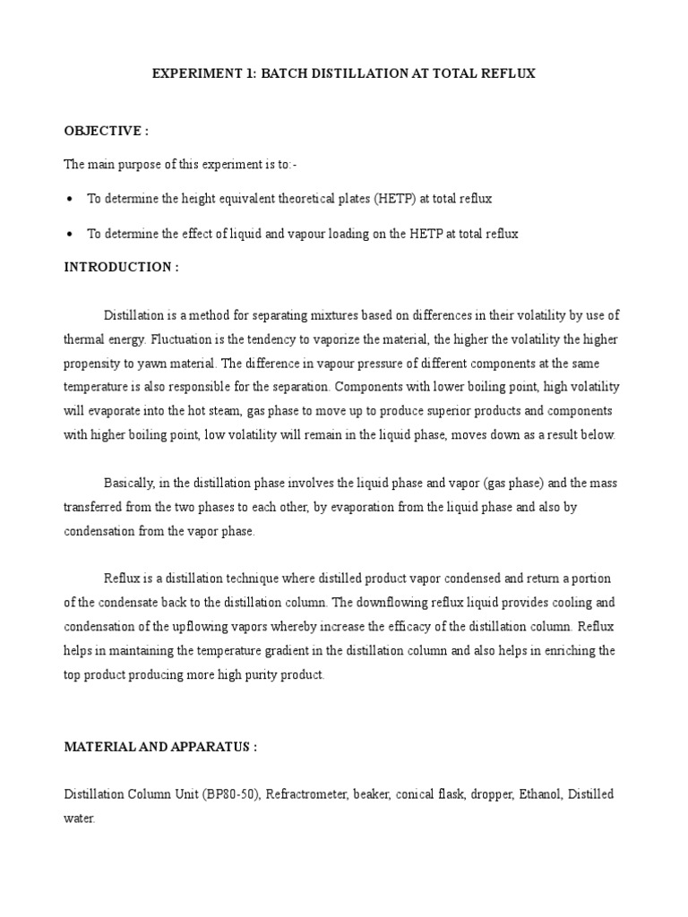 Batch Distillation Experiment HETP Analysis | PDF | Distillation | Mole ...