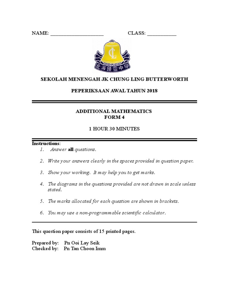 Add Math F4 Awal Tahun 2018 - 1 | PDF | Price Indices | Function ...