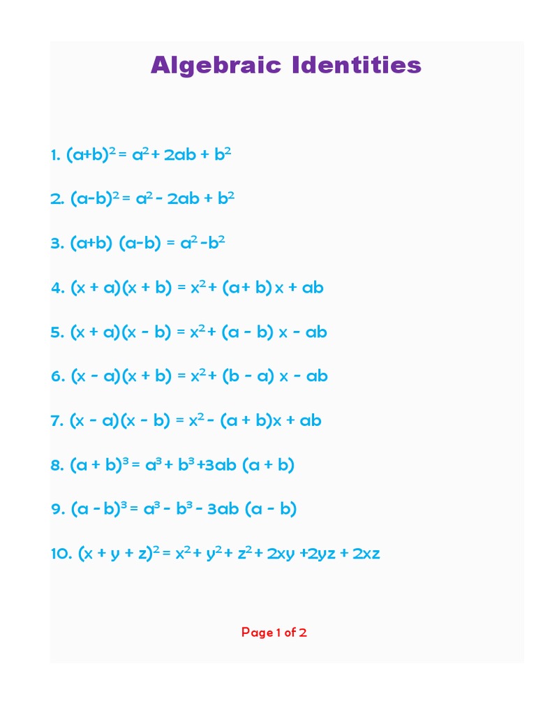 Algebraic Identities Maths finsLllllL | PDF