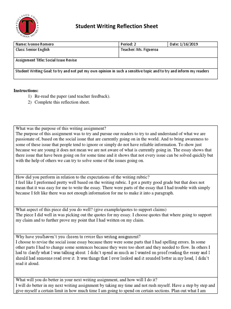 Senior Portfolio Reflection Sheets Social Issue | PDF | Essays | Rubric ...