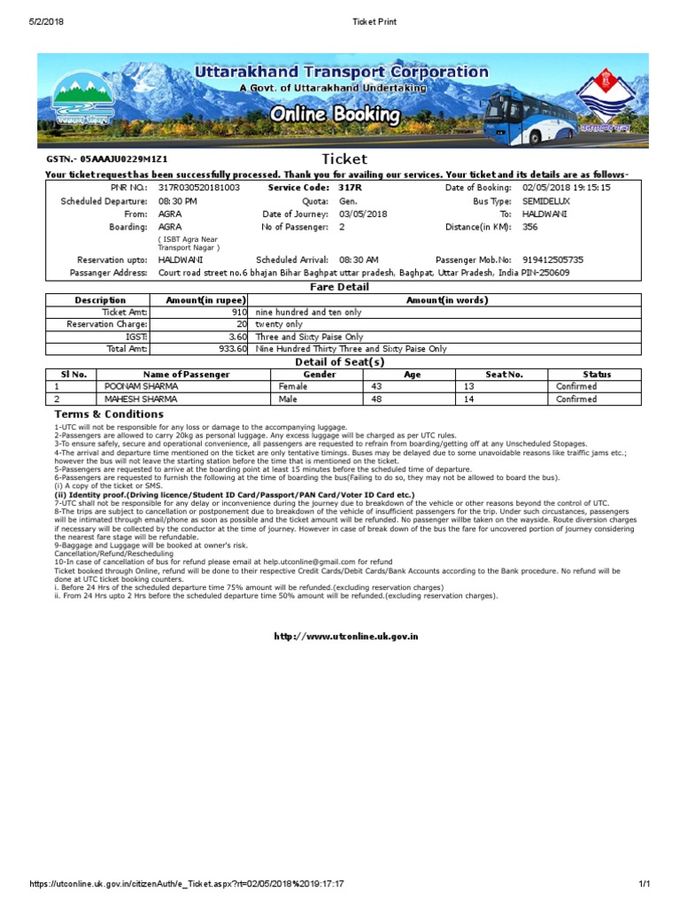 Bus Ticket Confirmation Details | PDF | Identity Document | Bus