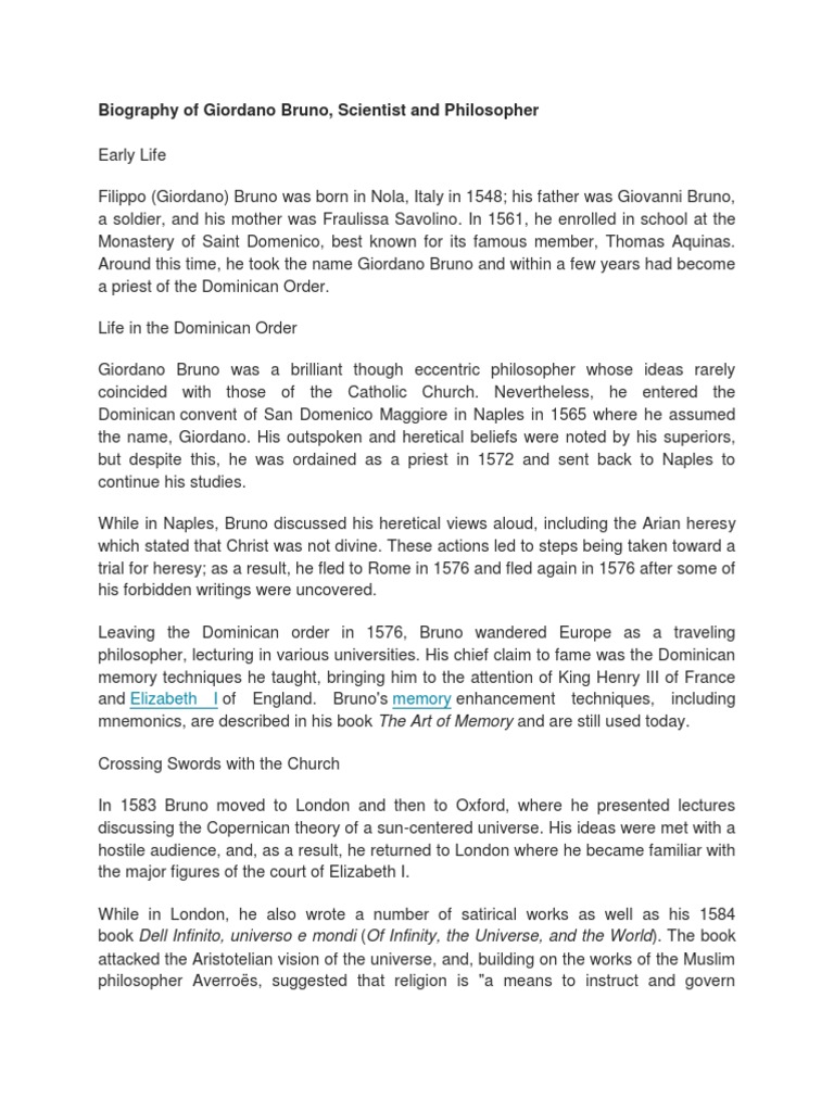 Biography of Giordano Bruno | PDF | Catholic Church | Science