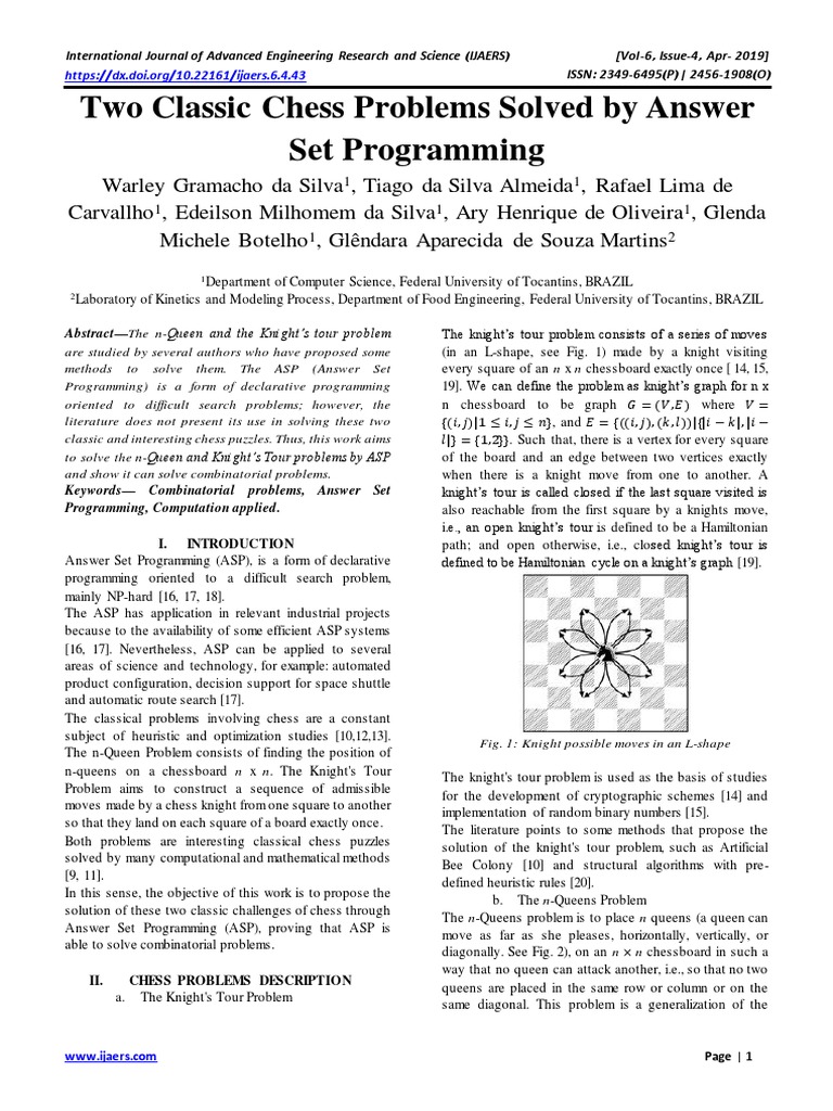 Two Classic Chess Problems Solved by Answer Set Programming | PDF | Discrete Mathematics ...