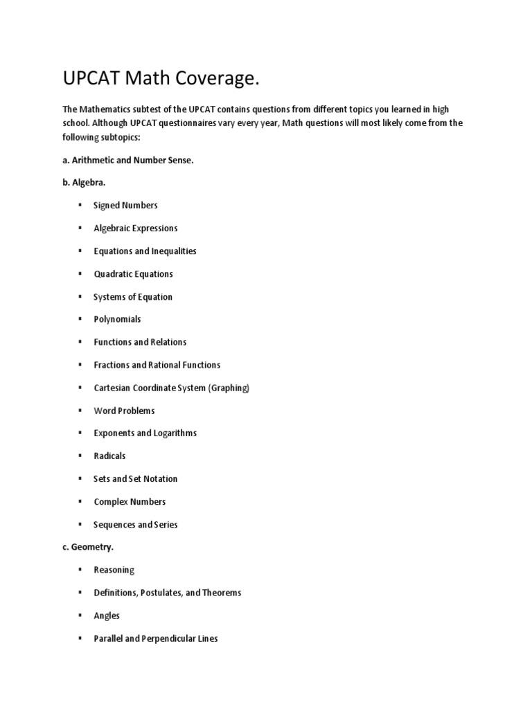 UPCAT Math Coverage.: A. Arithmetic and Number Sense. B. Algebra ...