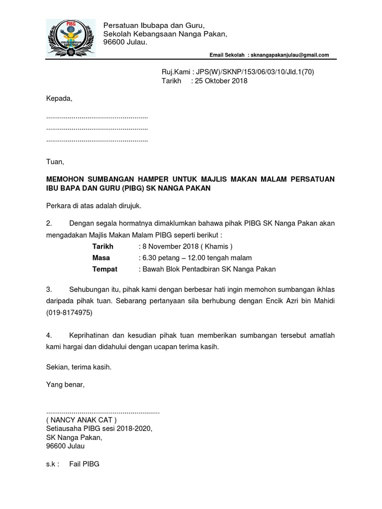 Contoh Surat Memohon Sumbangan Hamper | PDF