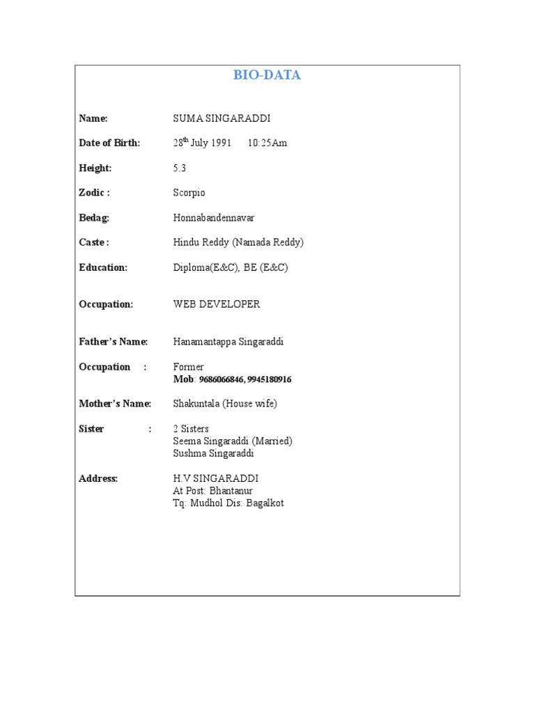 Bio-Data: Name: Date of Birth: Height: Zodic: Bedag: Caste: Education | PDF