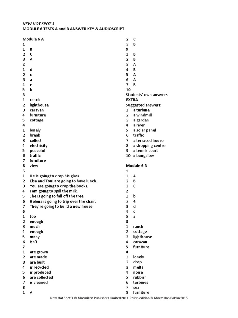 Module 6 Tests A and B Answer Key and - Audioscript | PDF | Foods | Nature